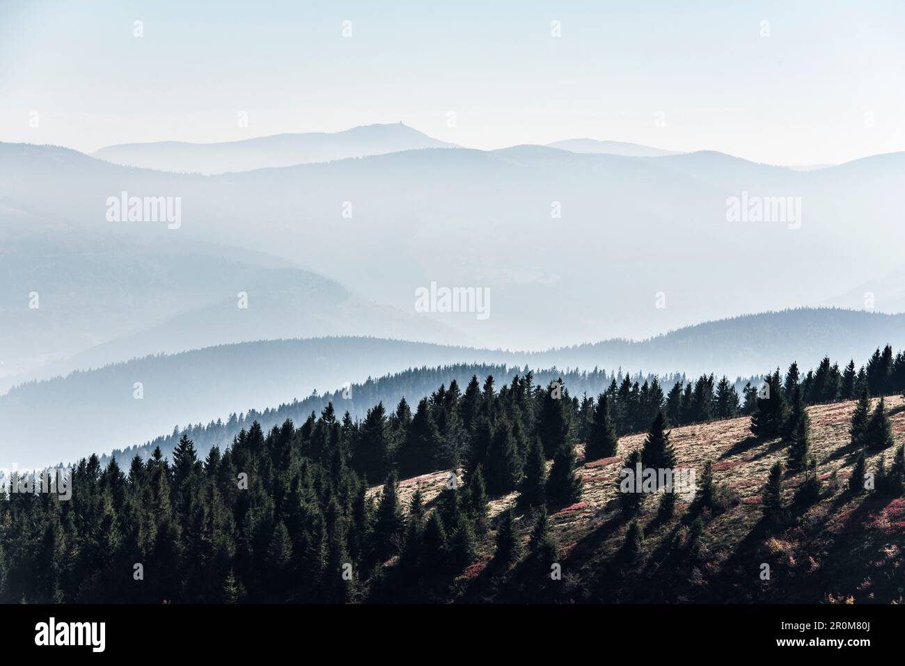 Staggered mountain ranges in the haze, at Hohneck, Col de la Gorge ...
