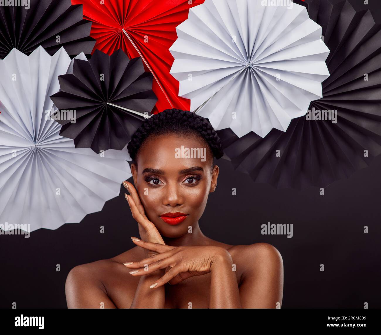 Origami fans, portrait and a black woman with art for culture isolated ...