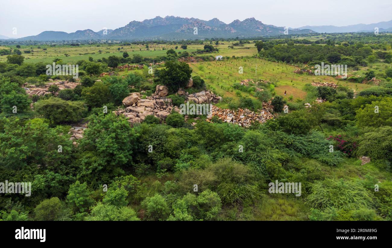 An aerial view of the picturesque Indian village of Podarallapalli ...