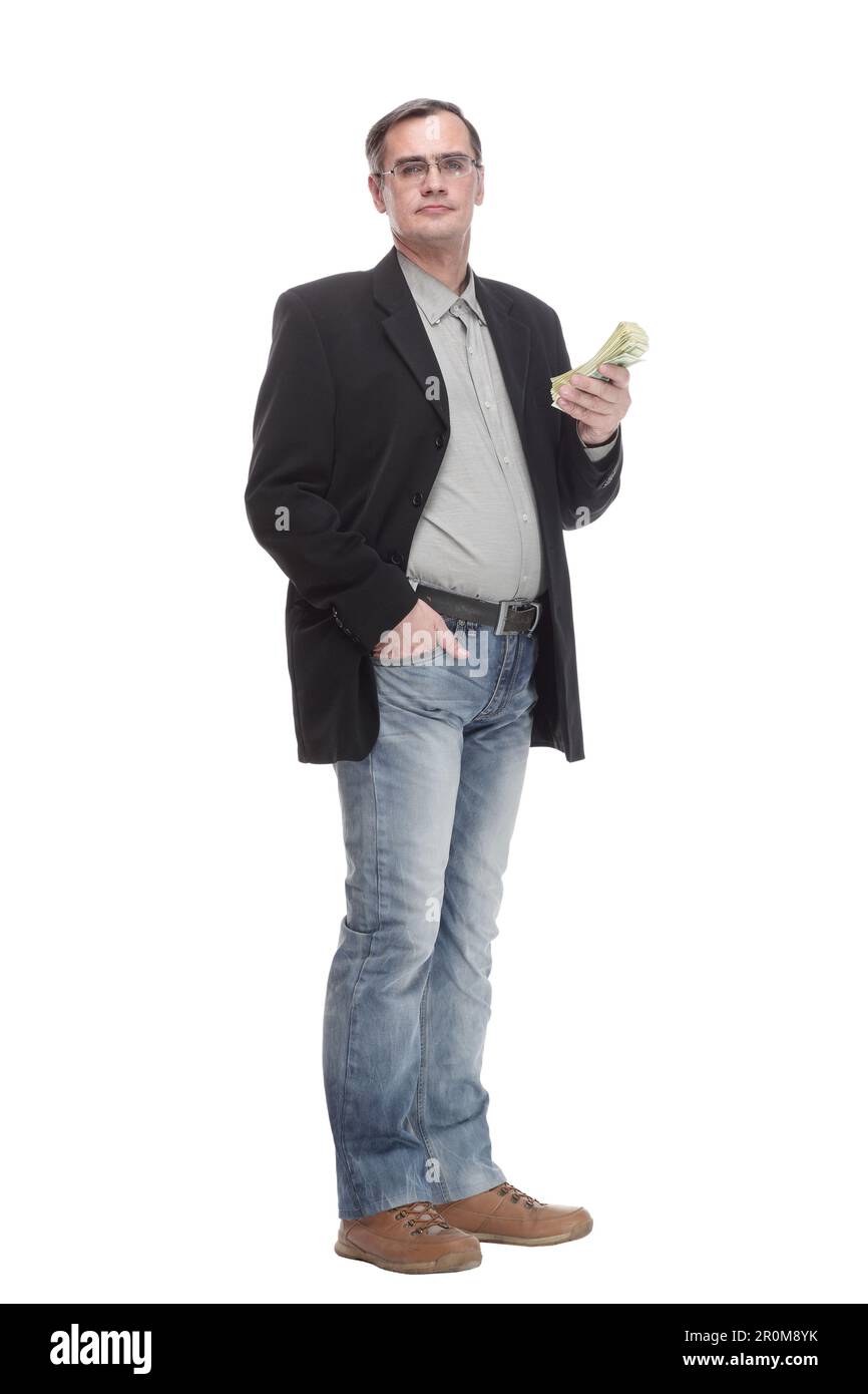 in full growth. serious business man with dollar bills Stock Photo - Alamy