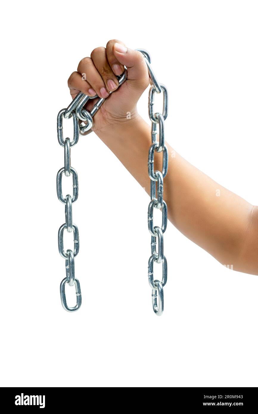 Humans hand-tied with a chain of metal steel isolated over white ...