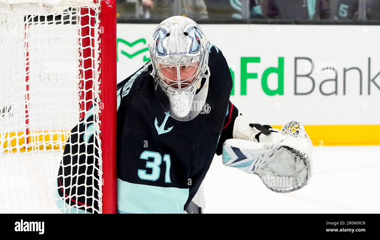 Seattle Kraken goaltender Philipp Grubauer (31) in action against the ...