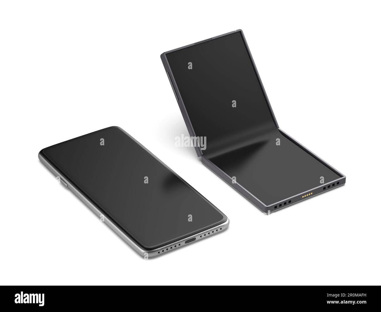 Two modern smartphones with different form factors on white background ...