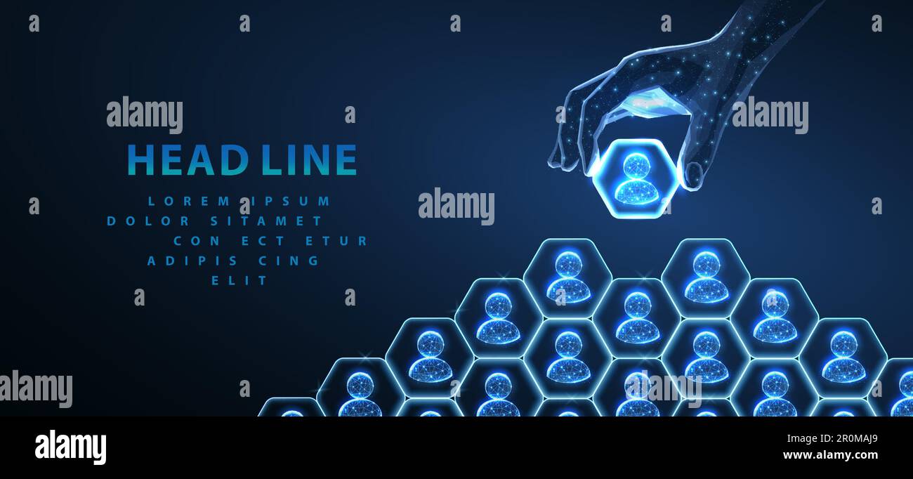 HR manage. Abstract 3d human hand hold leader icon in hexagon on top of ...