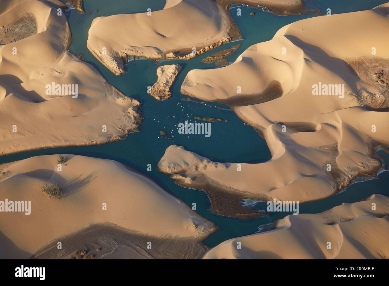 Walvis Bay lagoon and Namib desert dunes from the air, Namibia Stock ...