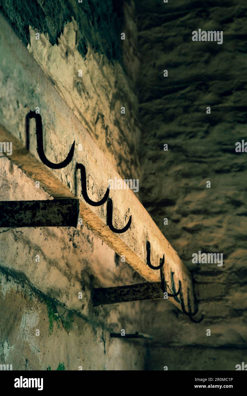 Row of steel hooks in a barn Stock Photo - Alamy