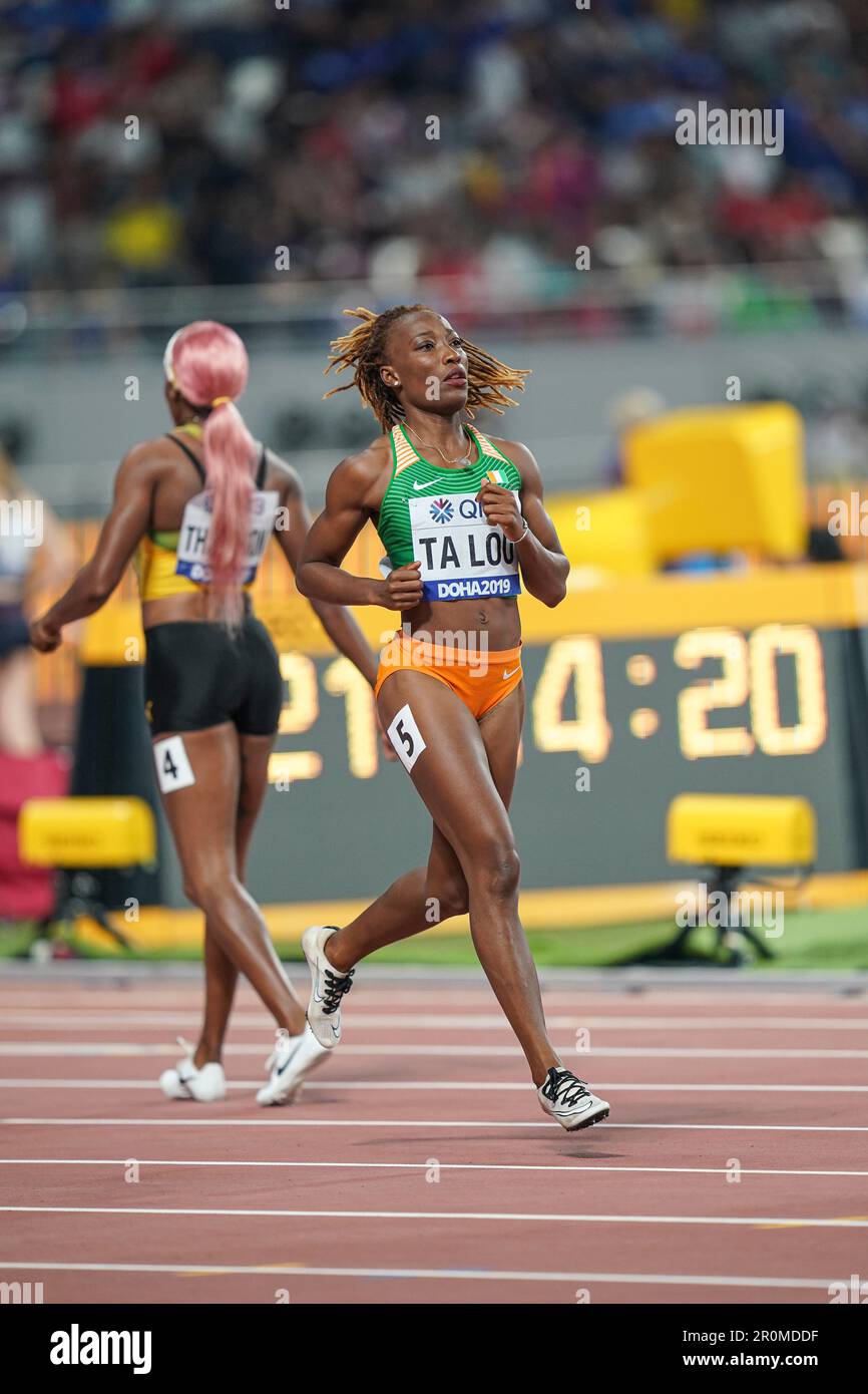 Marie-Josée Ta Lou running the 100m at the 2019 World Athletics ...
