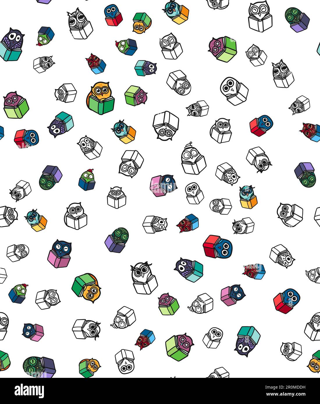 Hand Drawn Funny Owl with Book seamless pattern. Owls Learning subject ...