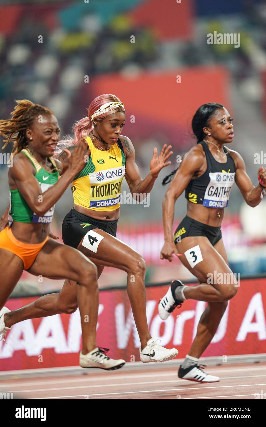 Elaine Thompson running the 100m at the 2019 World Athletics ...