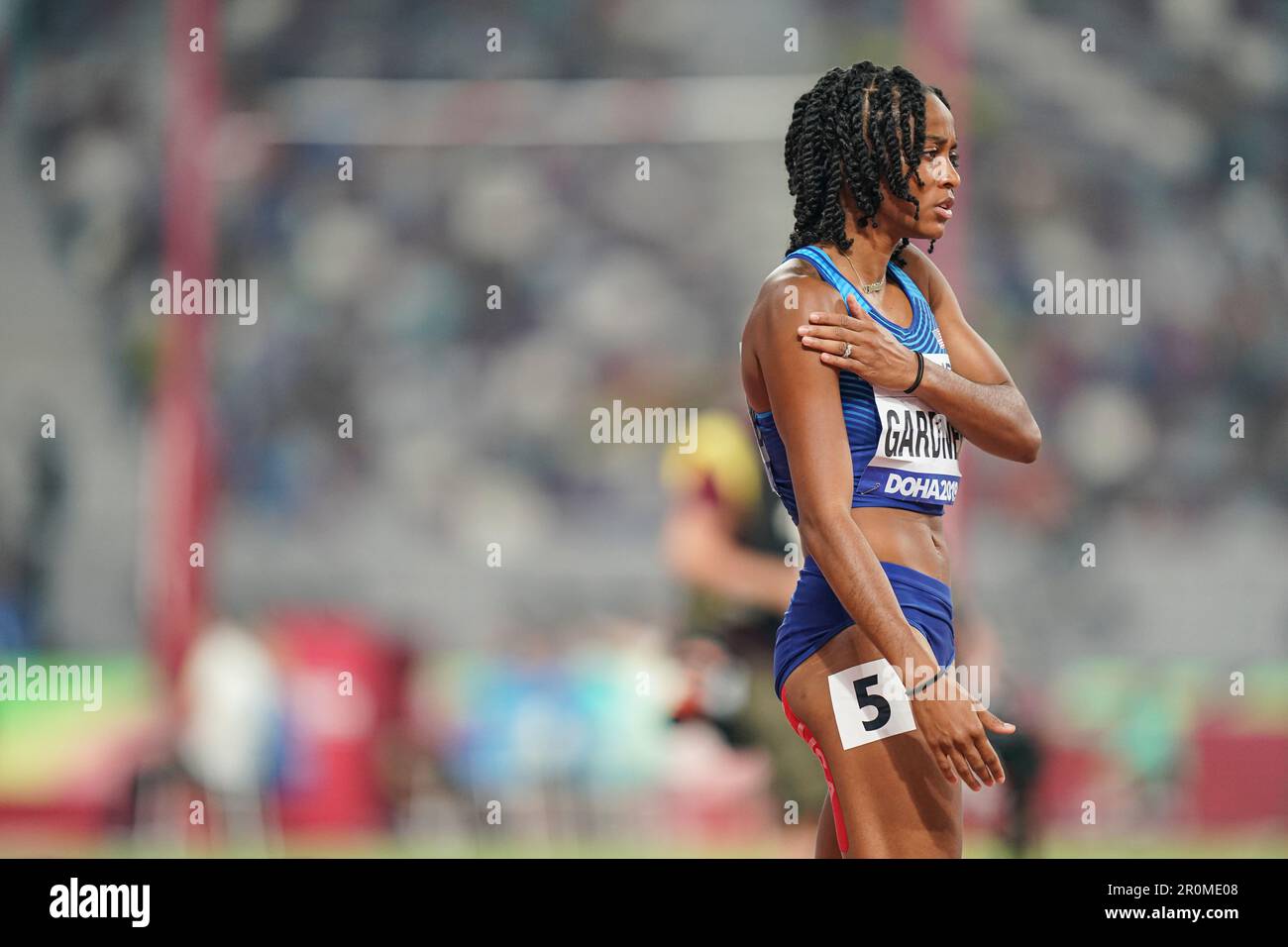 English Gardner running the 100m at the 2019 World Athletics ...