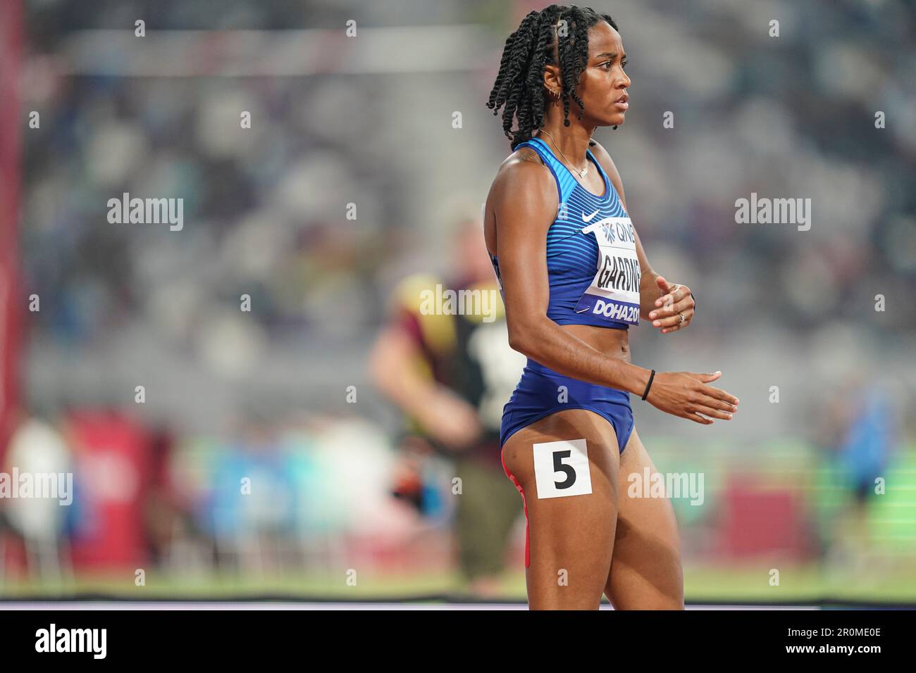 English Gardner running the 100m at the 2019 World Athletics ...