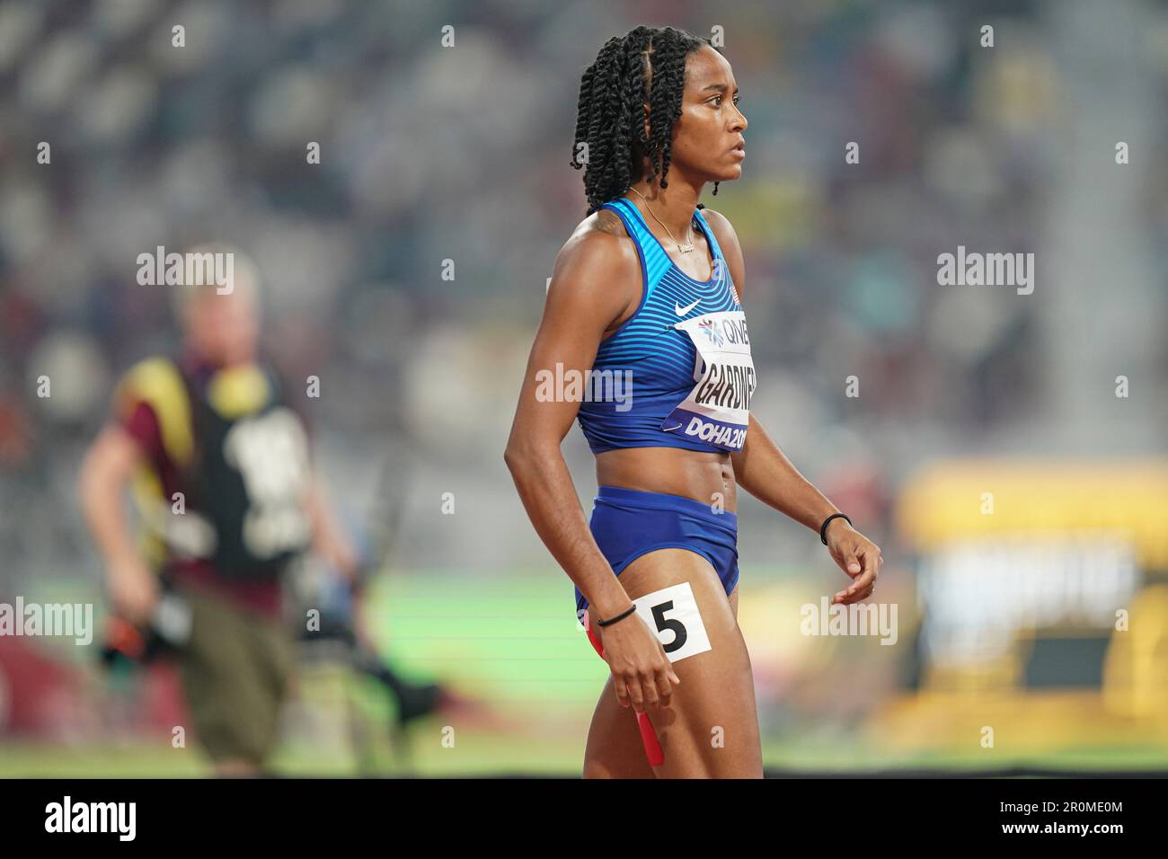 English Gardner running the 100m at the 2019 World Athletics ...