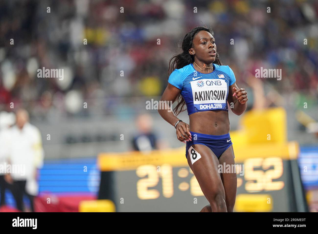 Morolake Akinosun running the 100m at the 2019 World Athletics ...