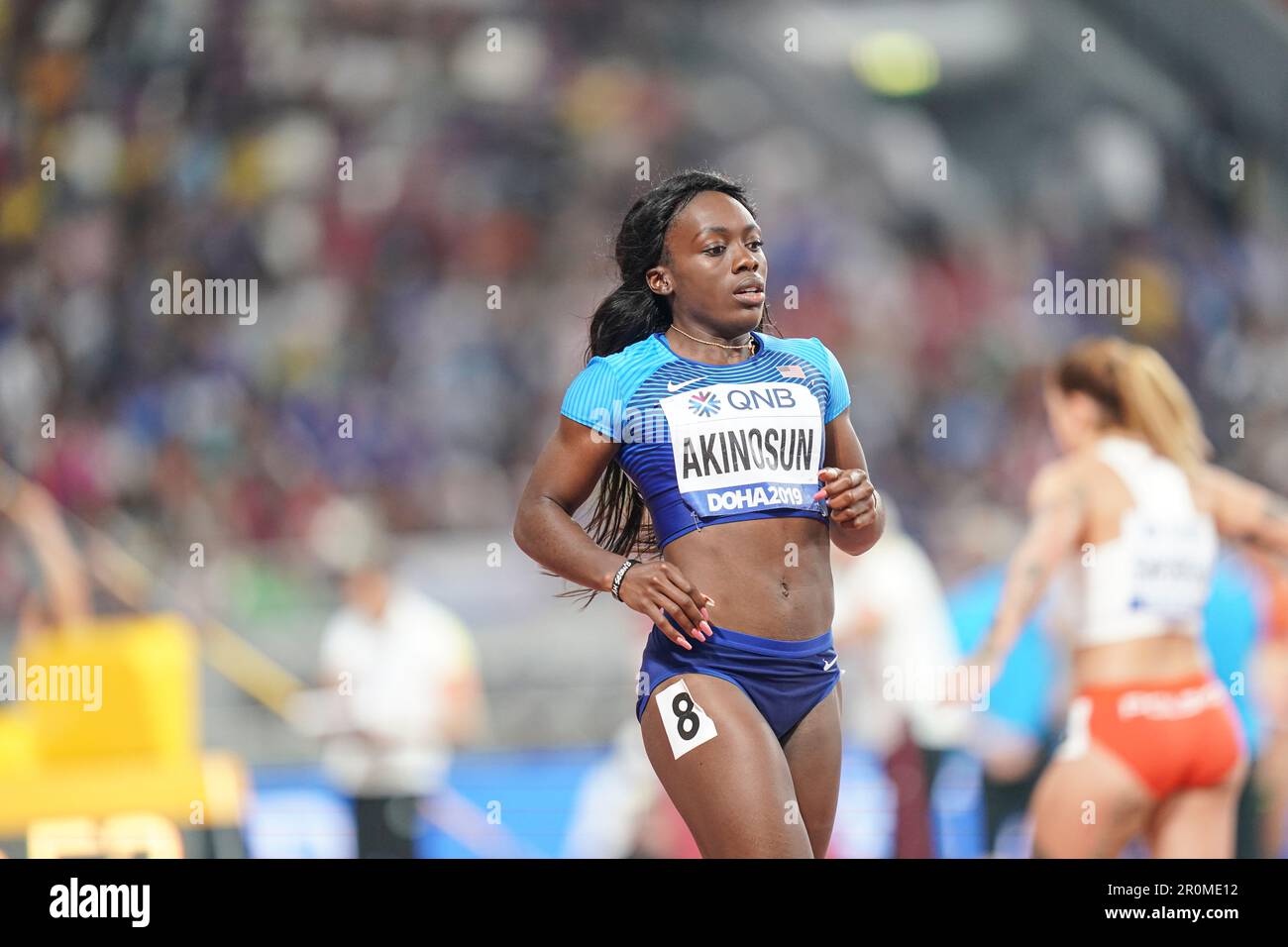 Morolake Akinosun running the 100m at the 2019 World Athletics ...