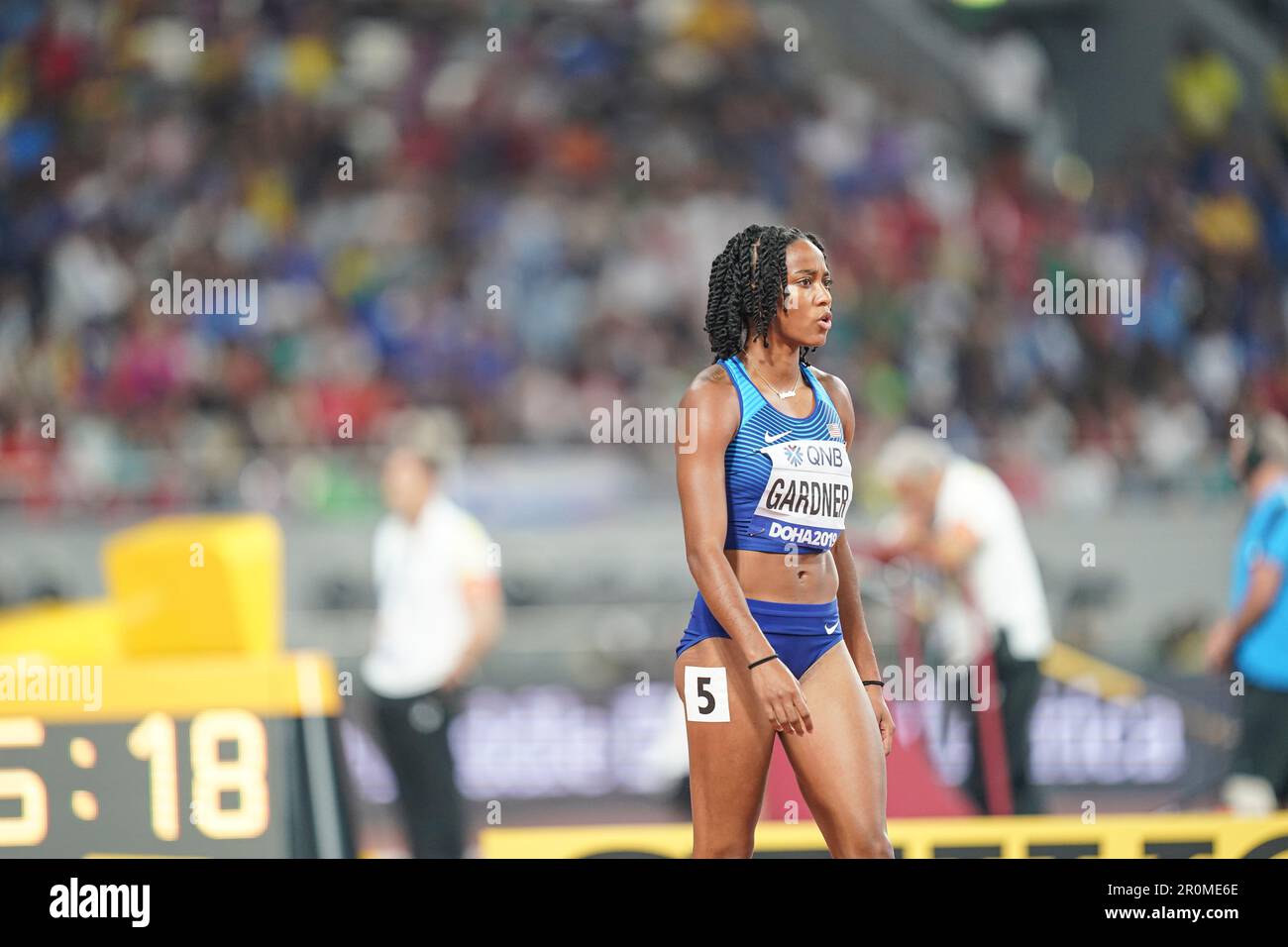 English Gardner running the 100m at the 2019 World Athletics ...