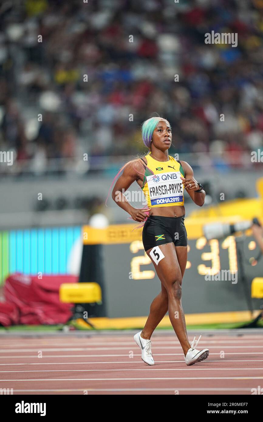 Shelly-Ann Fraser-Pryce running the 100m at the 2019 World Athletics ...