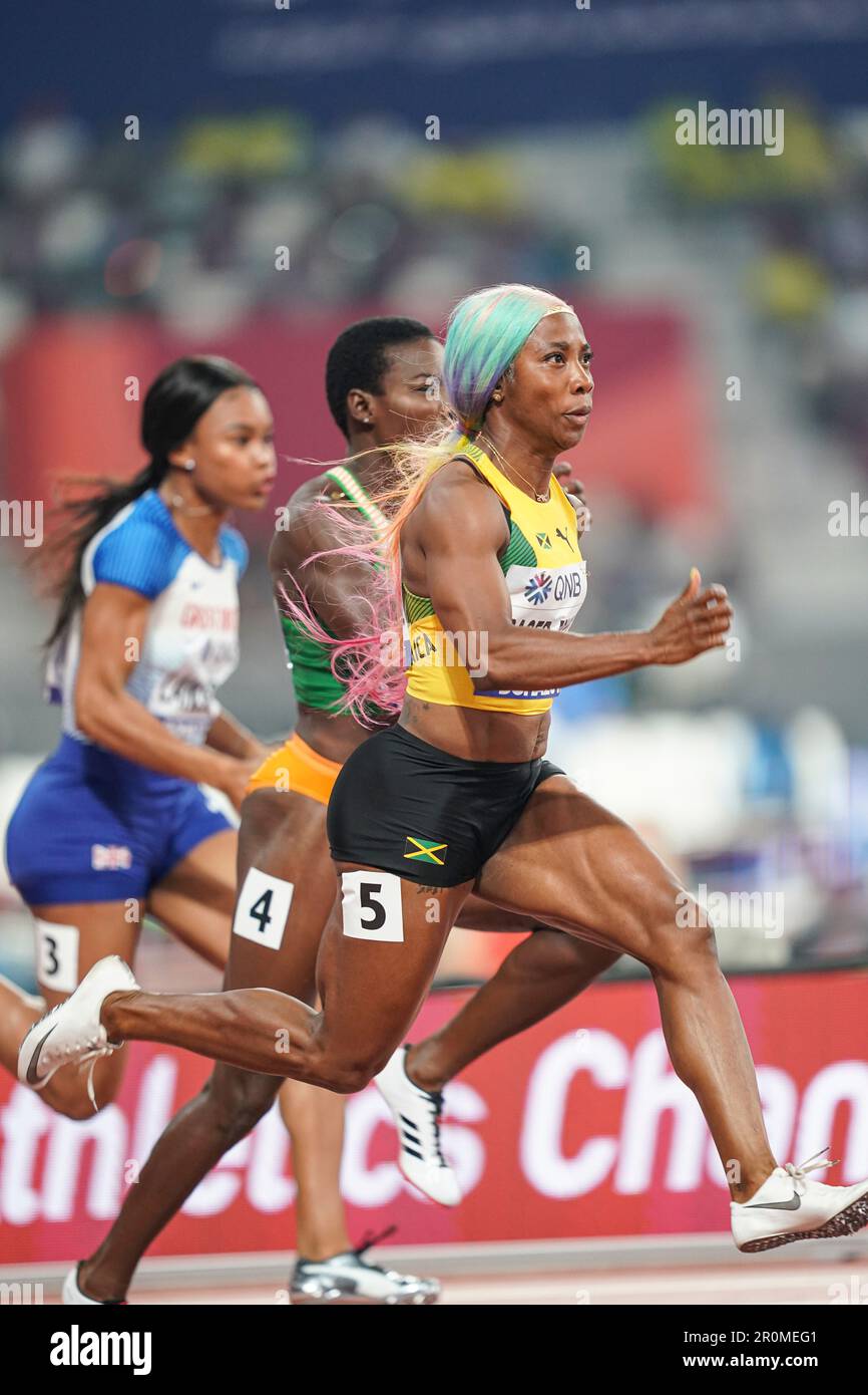 Shelly-Ann Fraser-Pryce running the 100m at the 2019 World Athletics ...