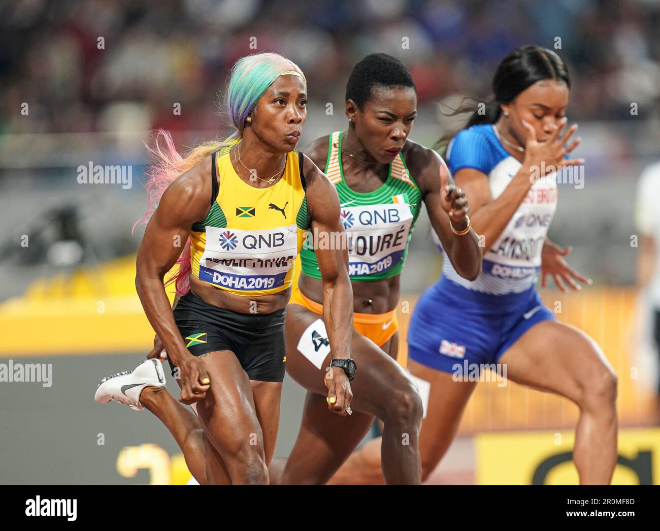 Shelly-Ann Fraser-Pryce running the 100m at the 2019 World Athletics ...