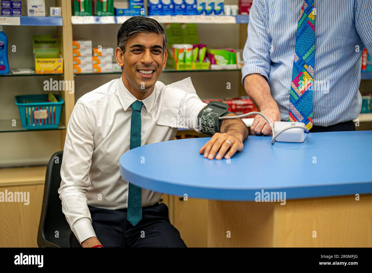 Prime Minister Rishi Sunak has his blood pressure checked by pharmacist ...