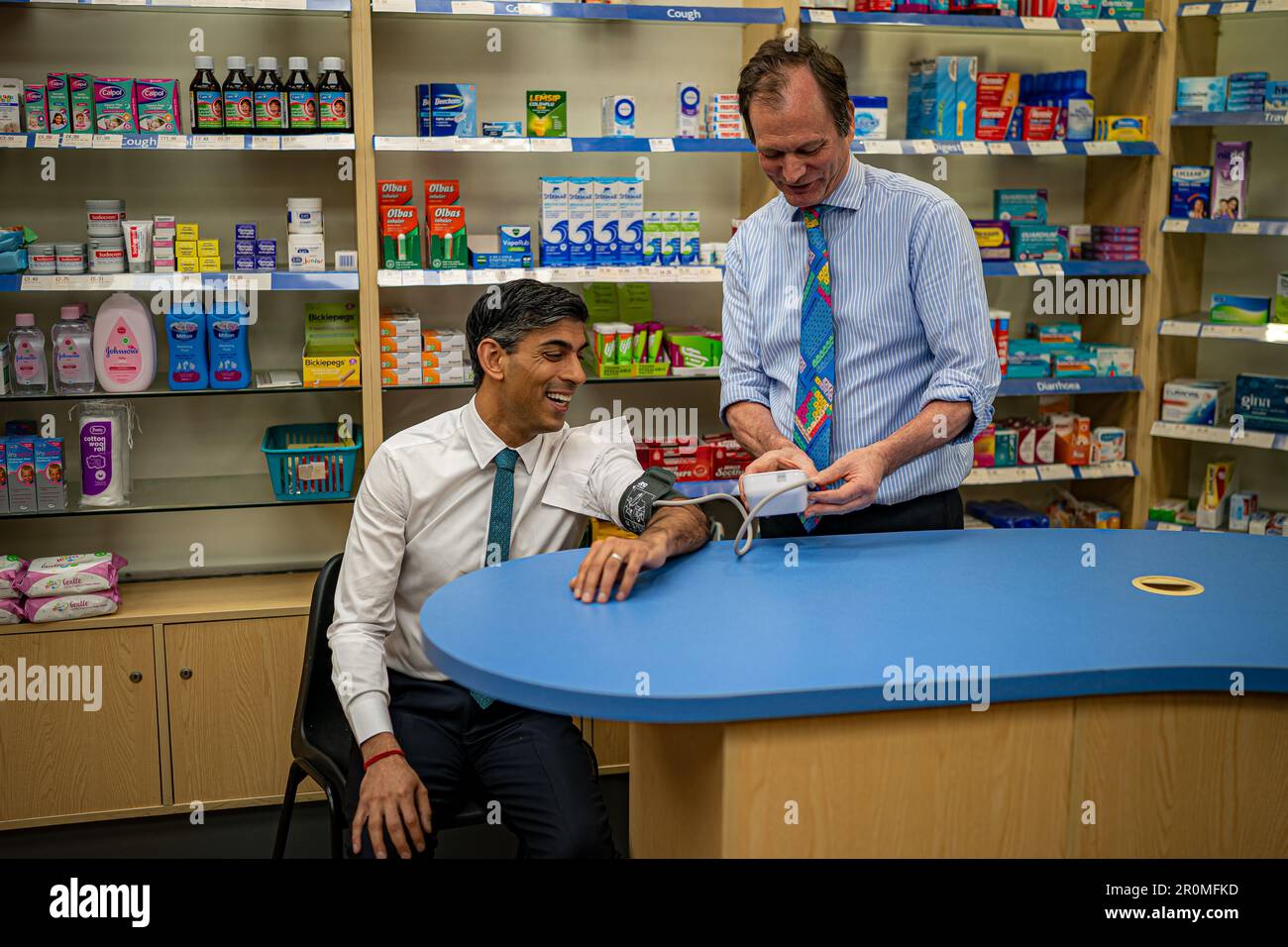 Prime Minister Rishi Sunak has his blood pressure checked by pharmacist ...