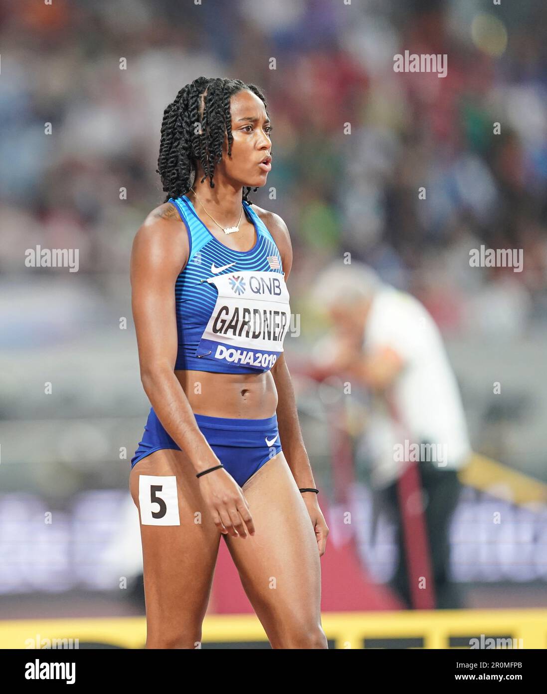 English Gardner running the 100m at the 2019 World Athletics ...