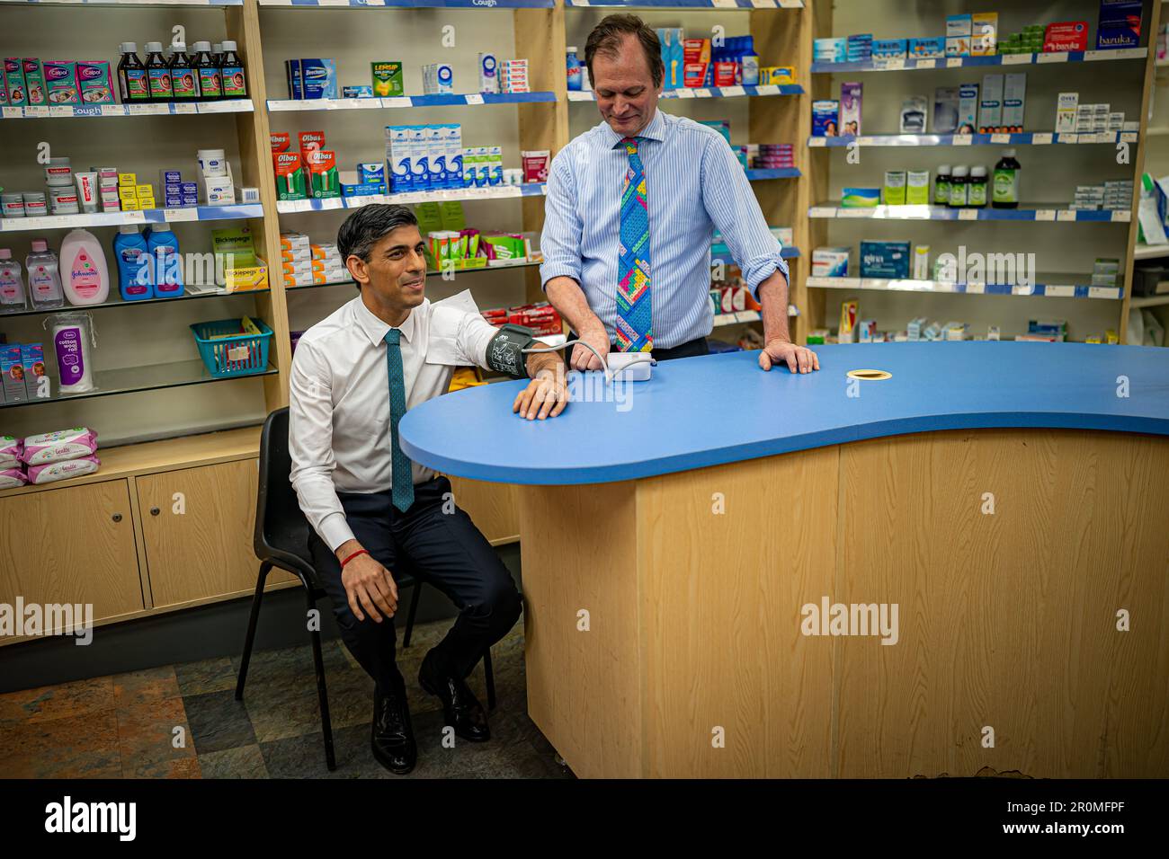 Prime Minister Rishi Sunak has his blood pressure checked by pharmacist ...