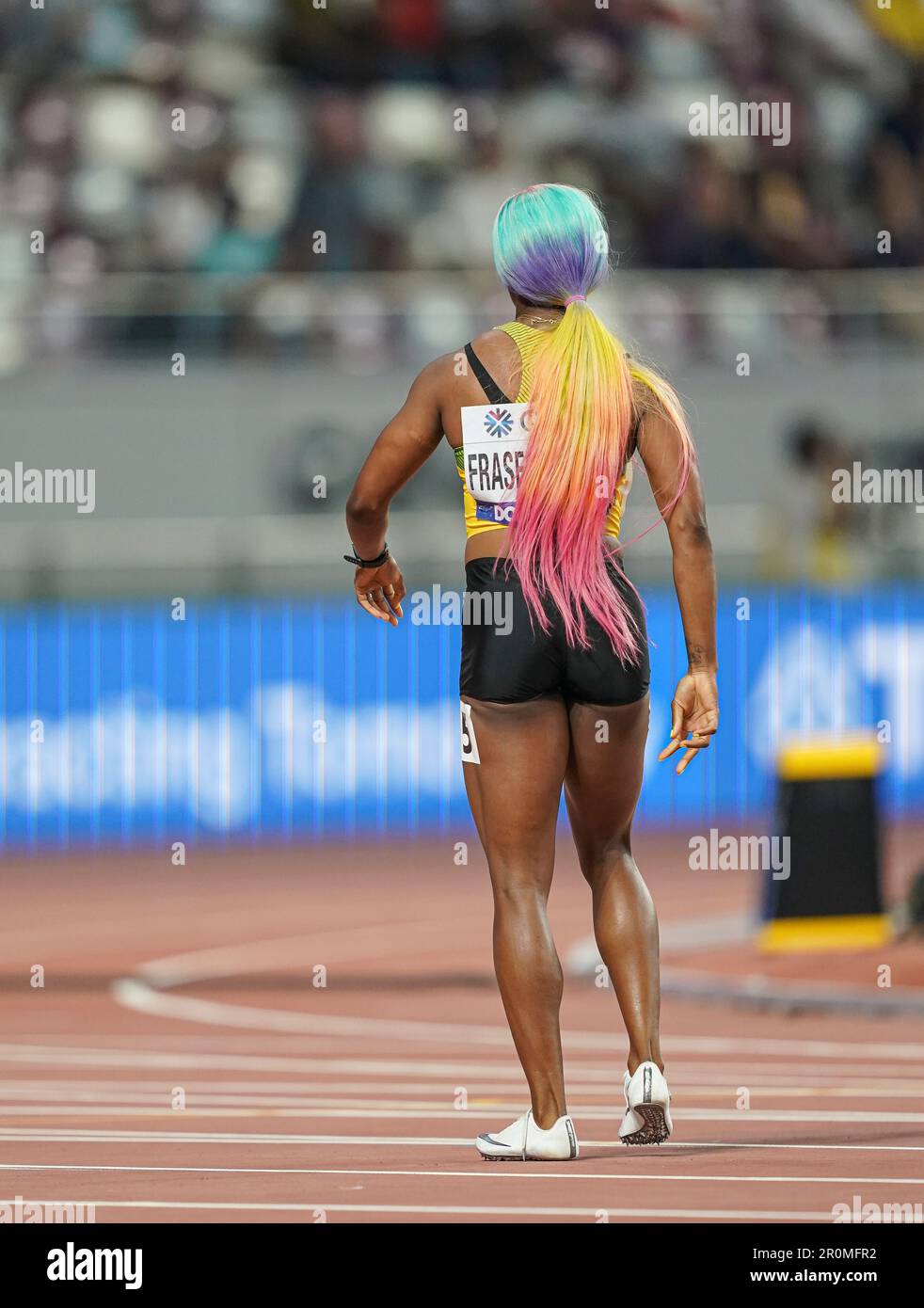 Shelly-Ann Fraser-Pryce running the 100m at the 2019 World Athletics ...