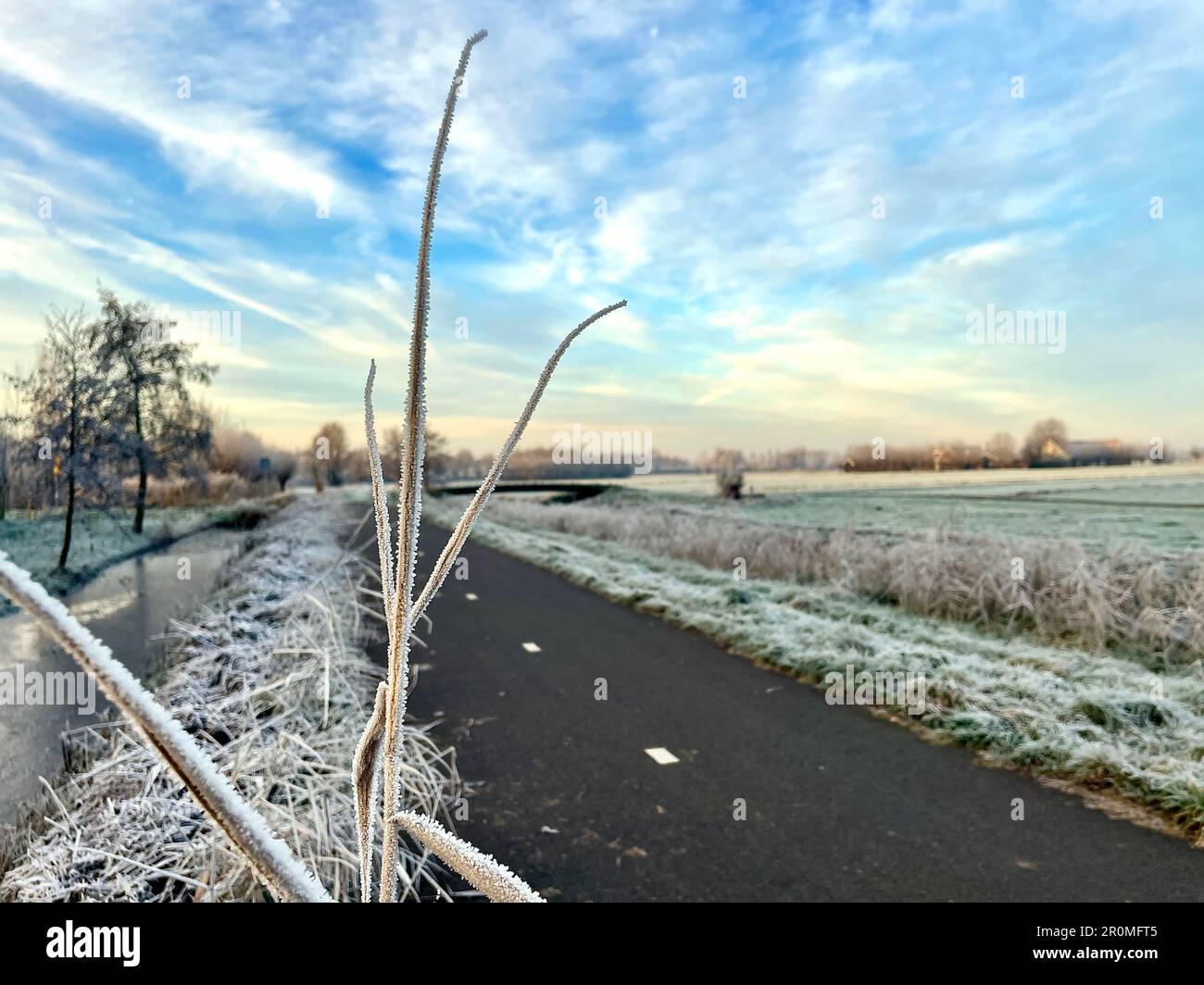 An idyllic scene of a deserted road stretching across the horizon with ...