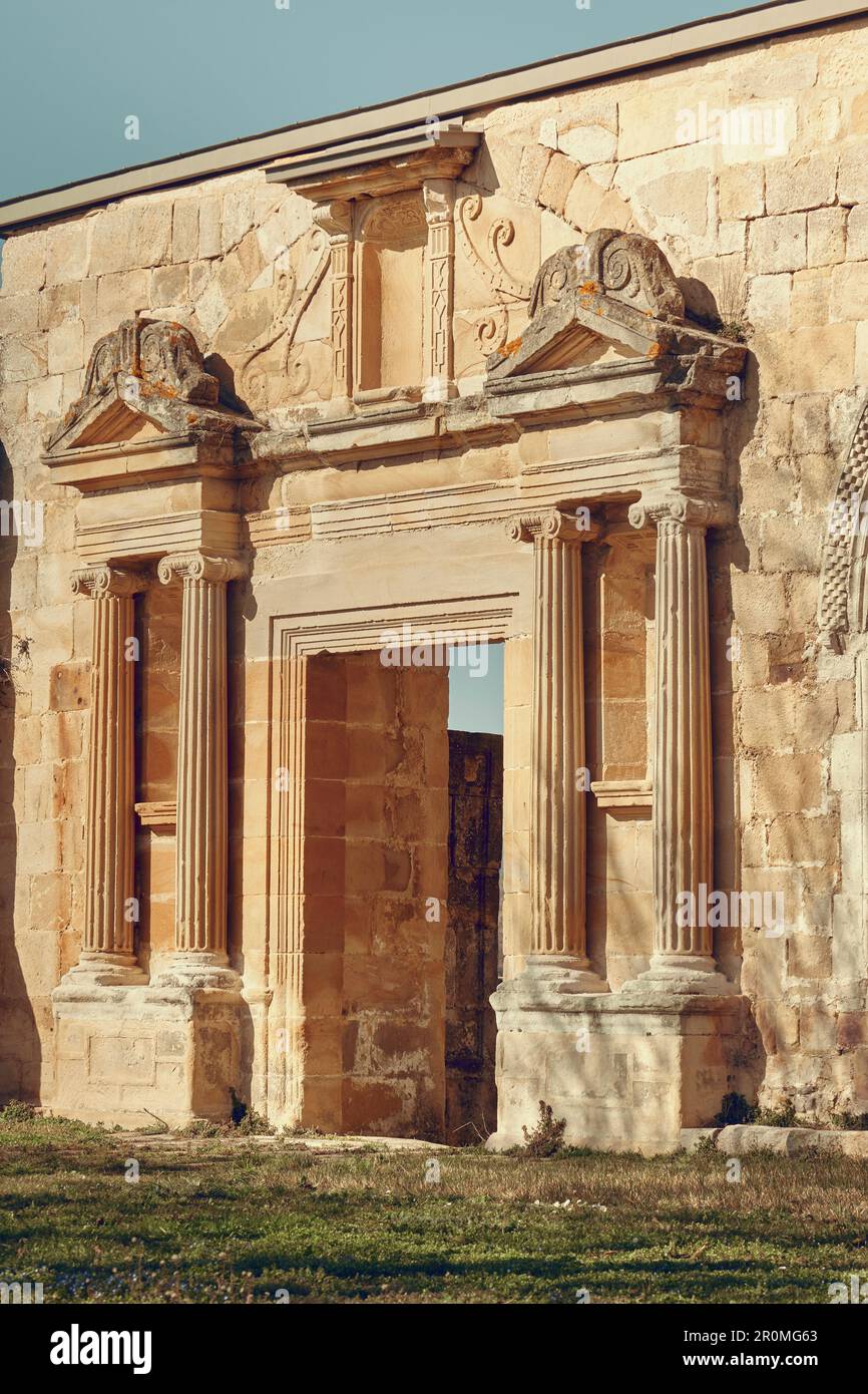 Neoclassic door of a church in ruins in the Basque Country Stock Photo ...