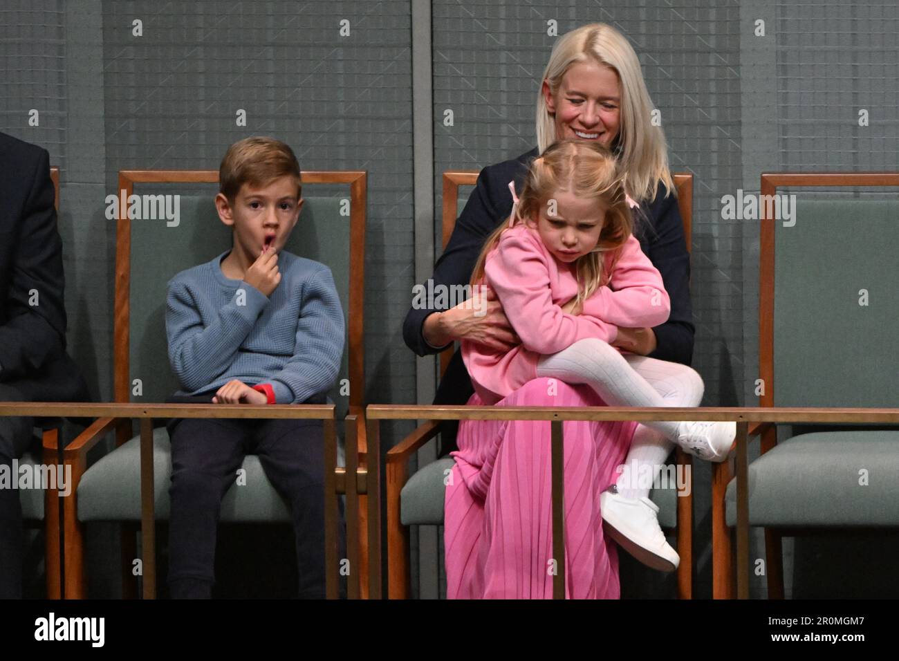 Wife Laura and kids Leo and Annabel as Treasurer Jim Chalmers delivers the 2023/2024 Budget in ...