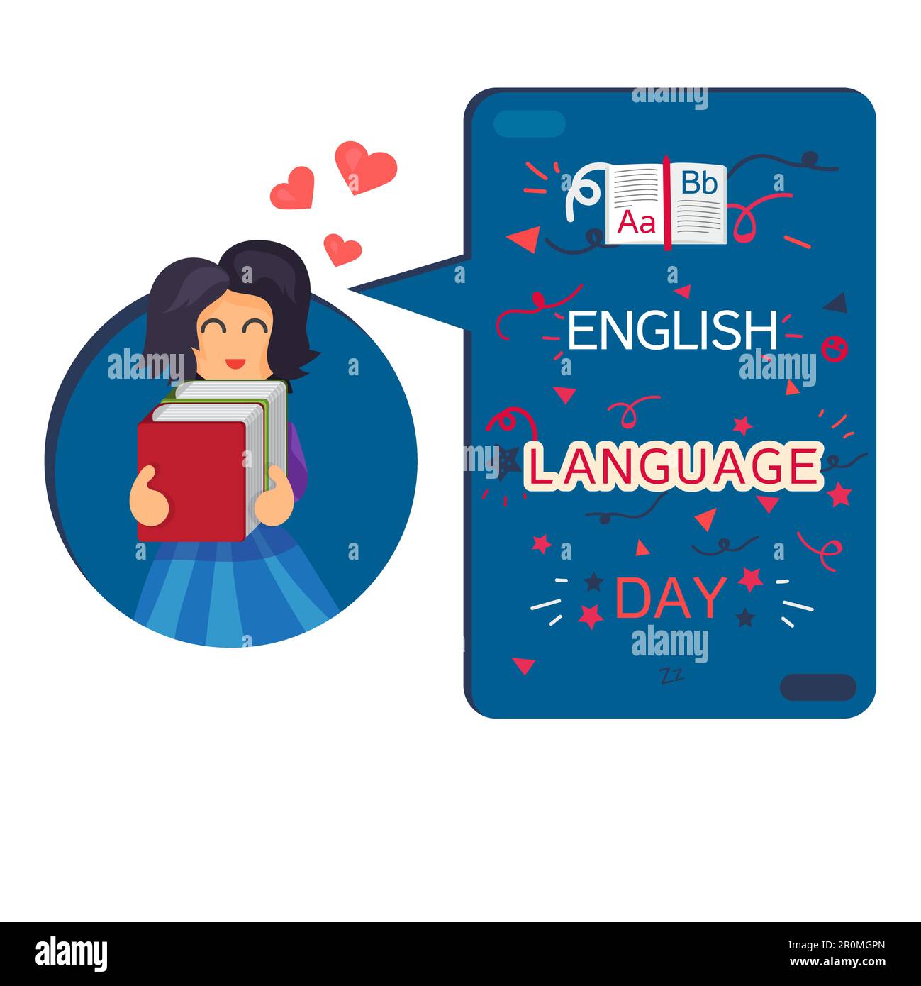 English Language Day Banner With Reading Girl, Book and Letters A, B, Z ...