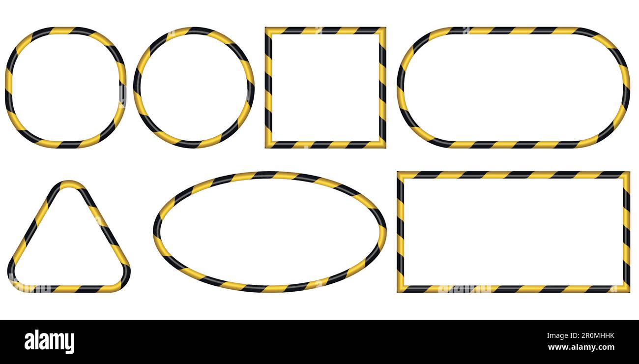 Set of 3D frames, yellow and black stripes ribbon pattern, vector, warning of the danger of the ...