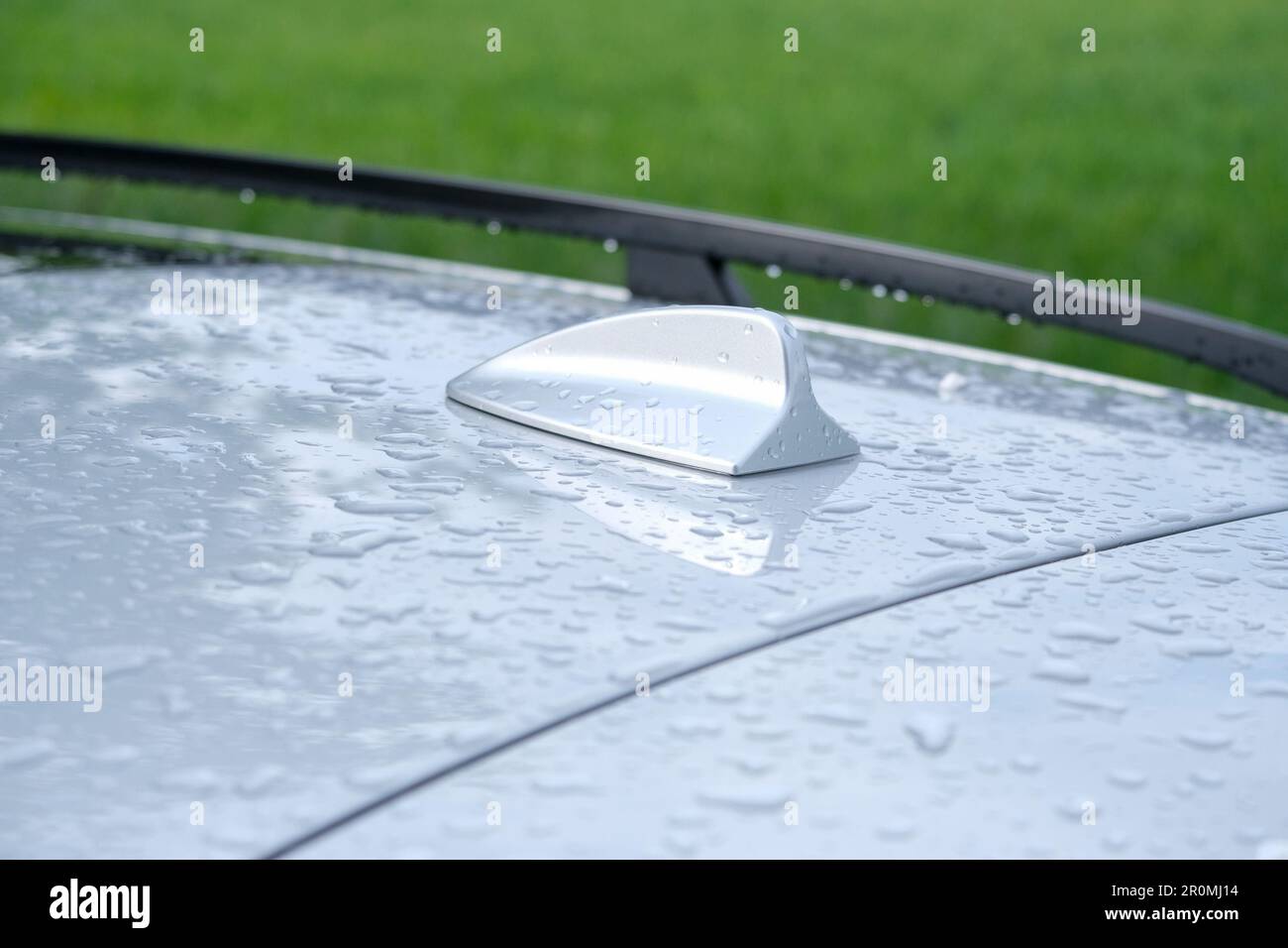 Shark antenna above car isolated green background. Wet surface on car ...