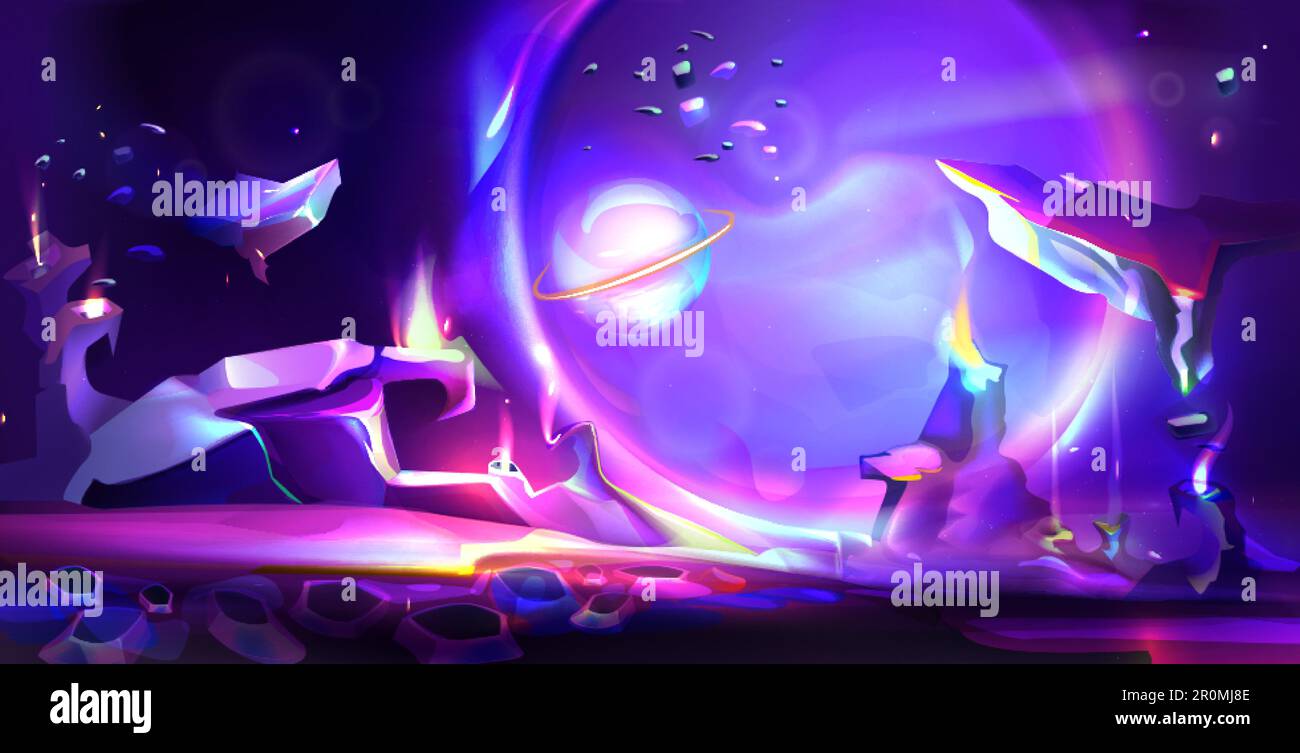 Vector cartoon fantasy illustration of cosmos and alien planet surface ...