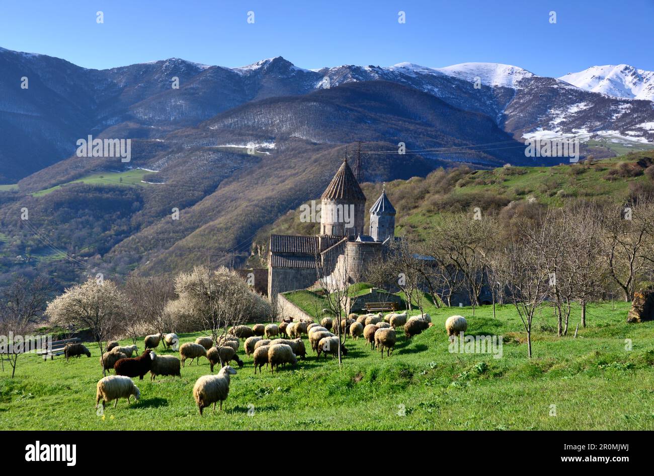Early Christian monastery Tatew with flock of sheep in archaic ...