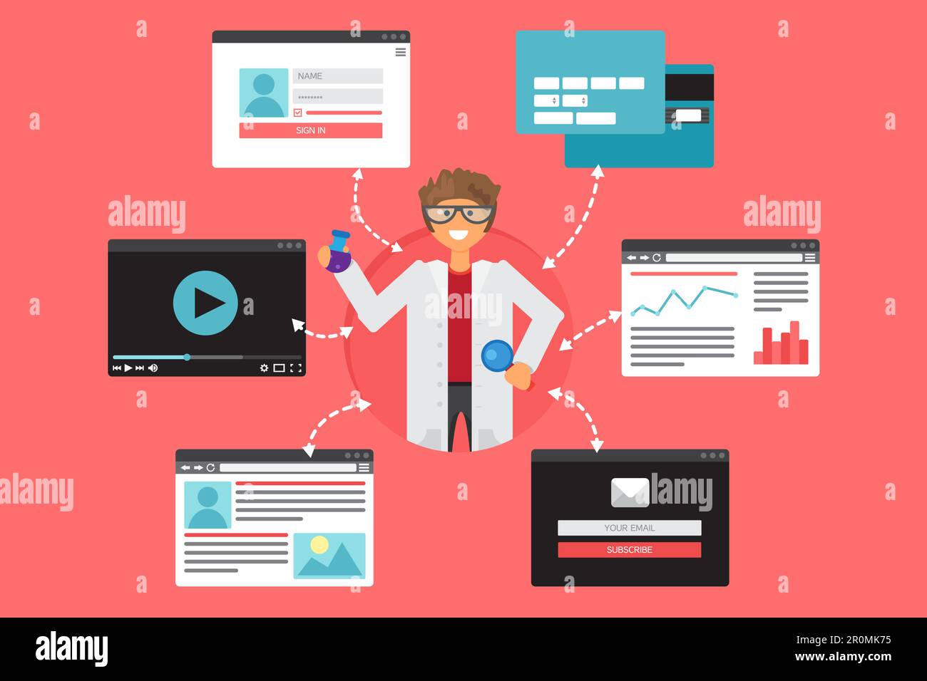 Web Life of Scientist with bulb and magnifier from video, blog, social ...