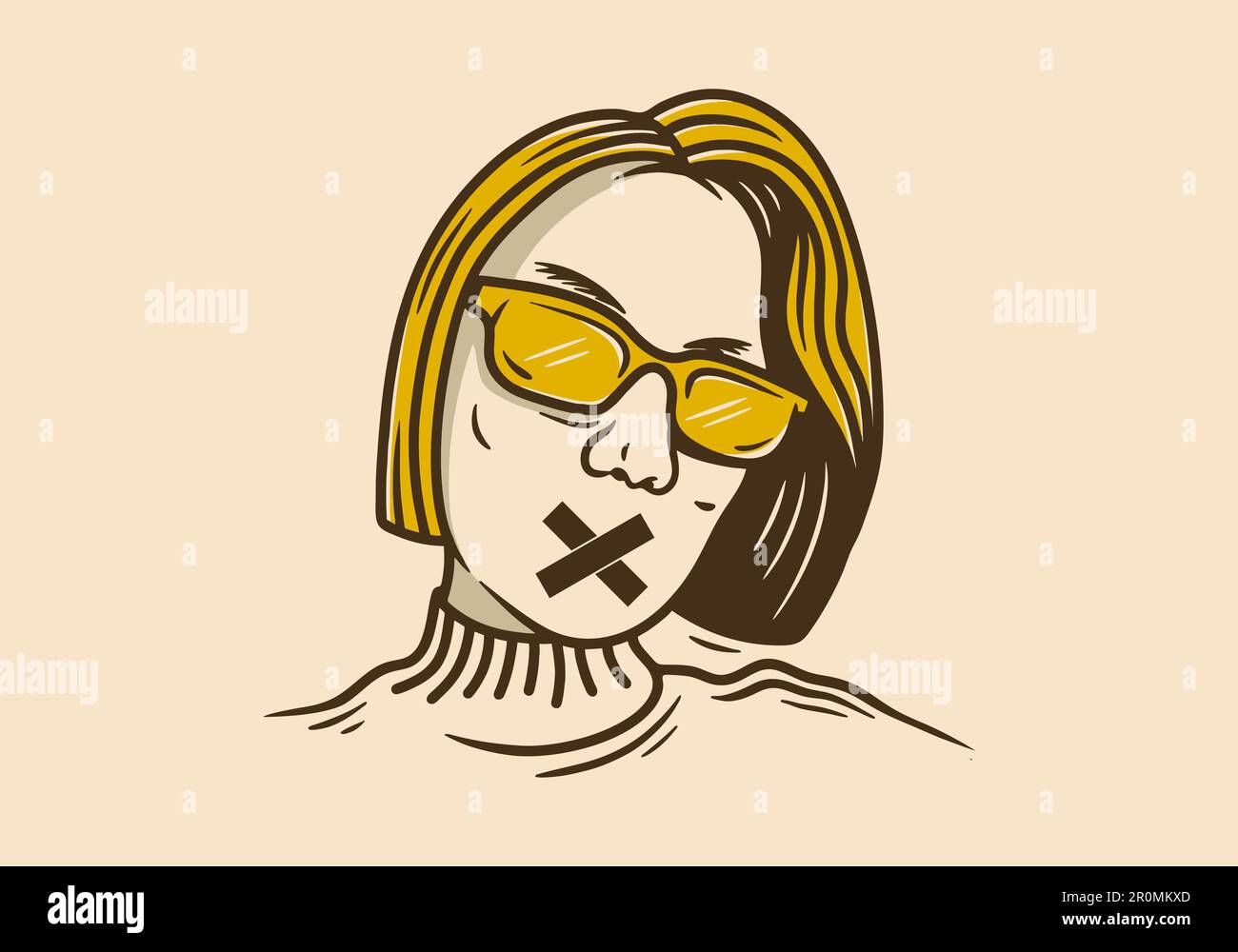 Mono line art drawing of women with cross sign on the mouth in vintage ...