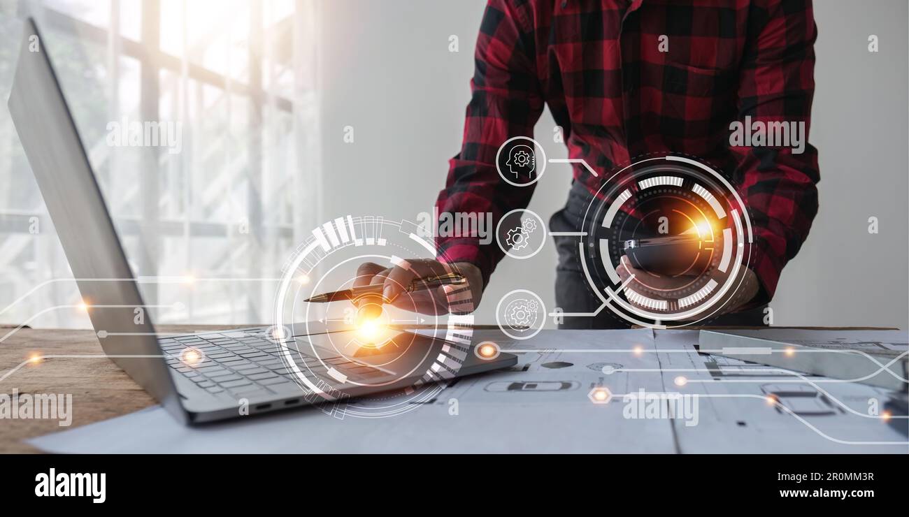 Building Information Modeling Technology concept, Engineer working on ...