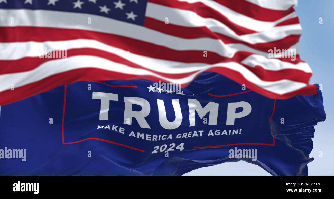 Arlington, US, march 2023: Flags of Donald Trump election campaign and ...