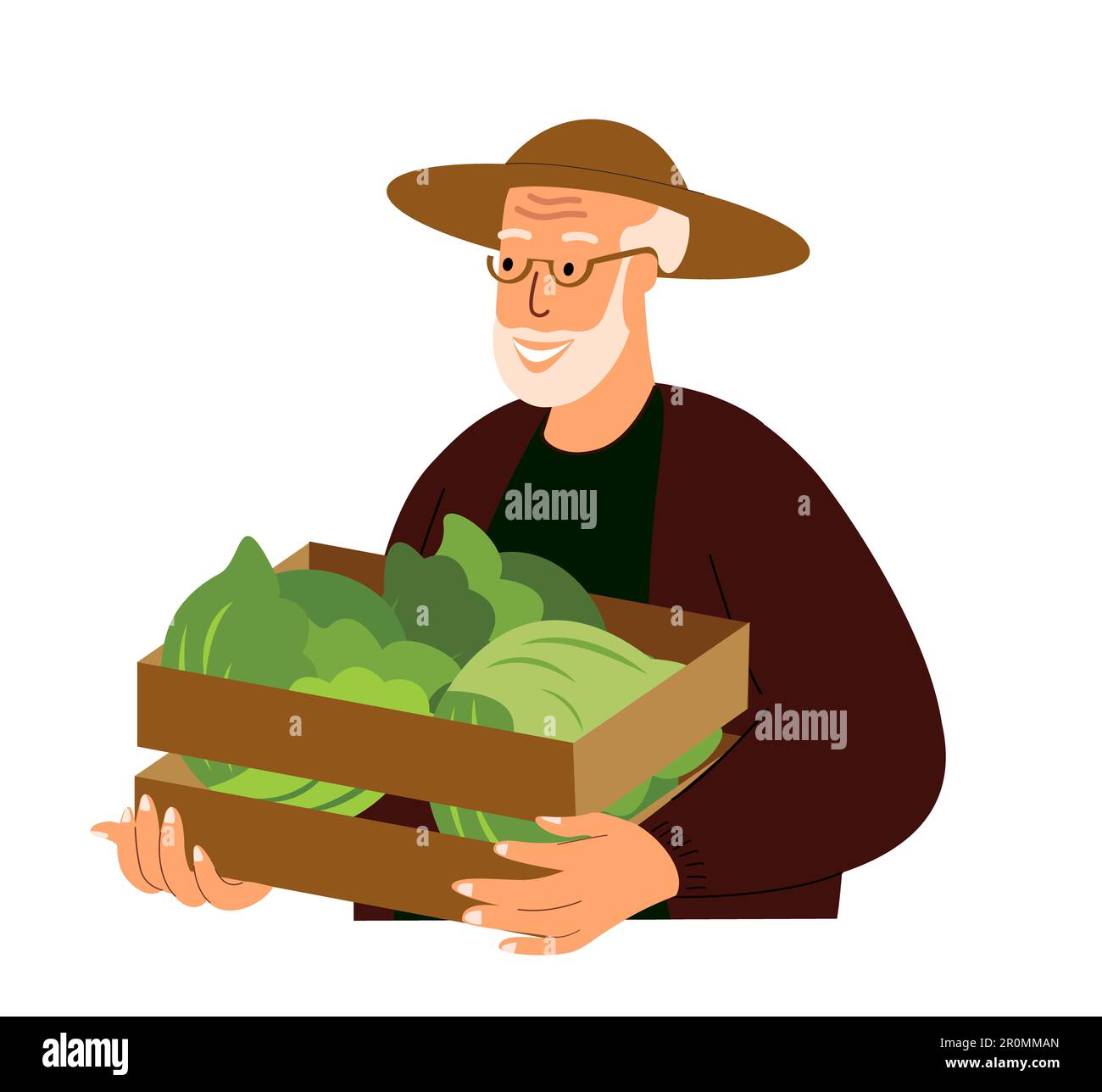 Aged Retired Farmer hold crate of fresh vegetables,cabbage.Happy farm ...