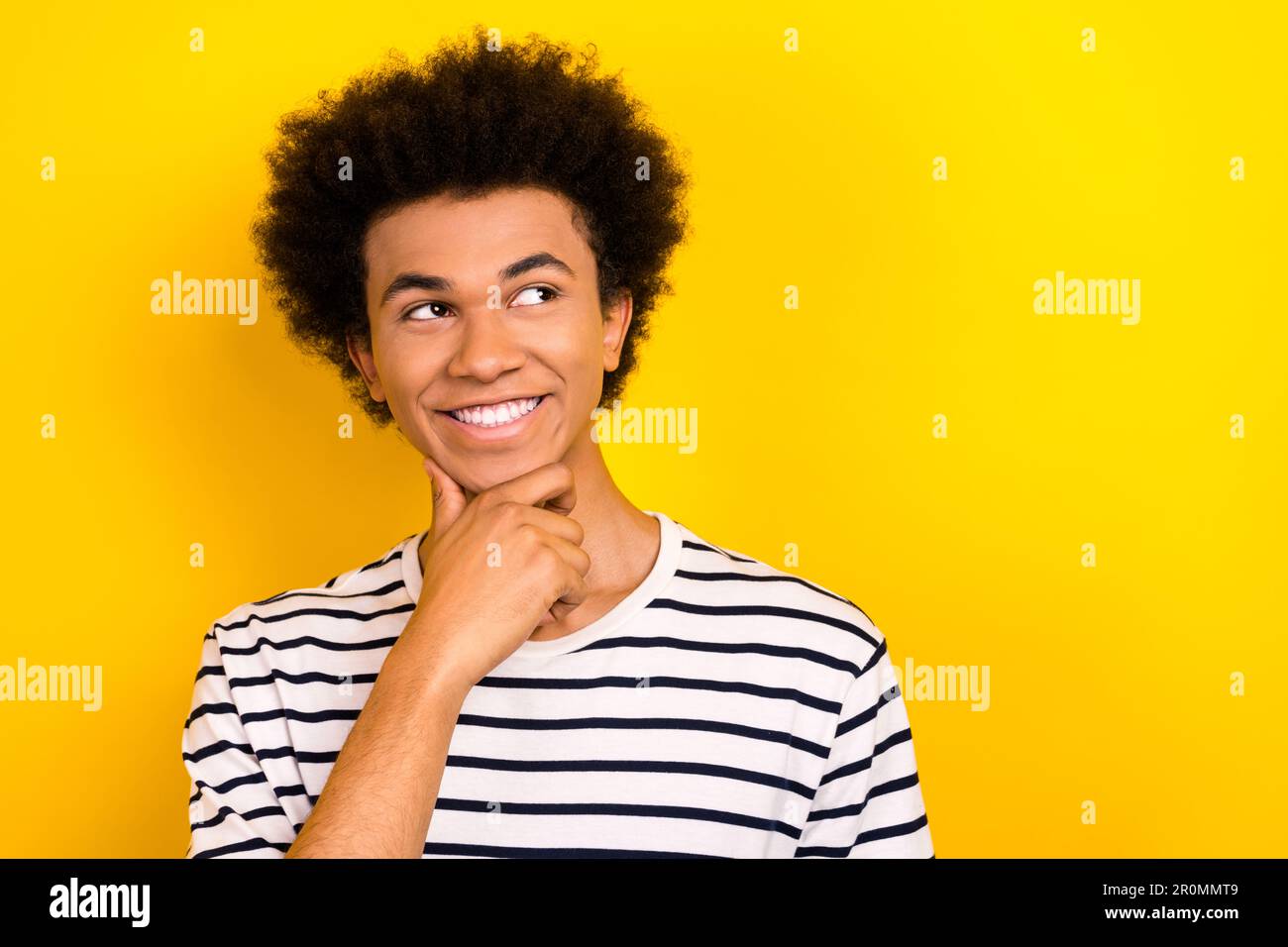 Portrait of cheerful smart guy touch chin smile look empty space ...