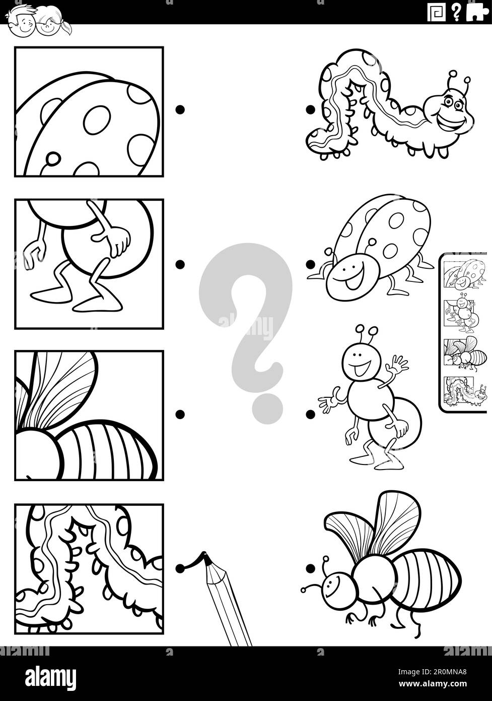 Black and white cartoon illustration of educational matching game with ...