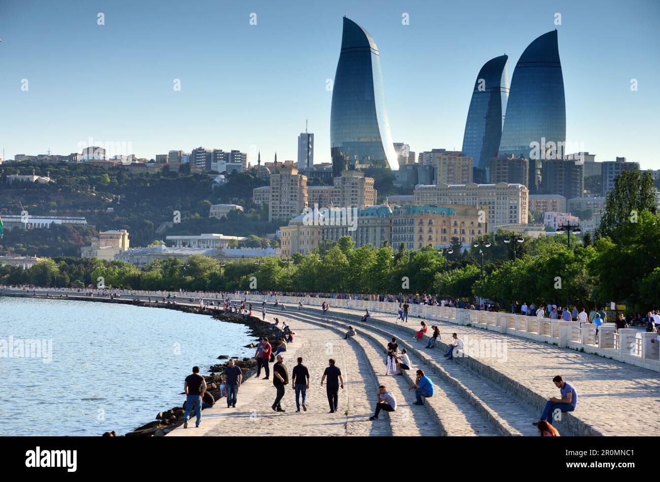 View from the waterfront over Baku Bay to the Flame Towers, Baku ...