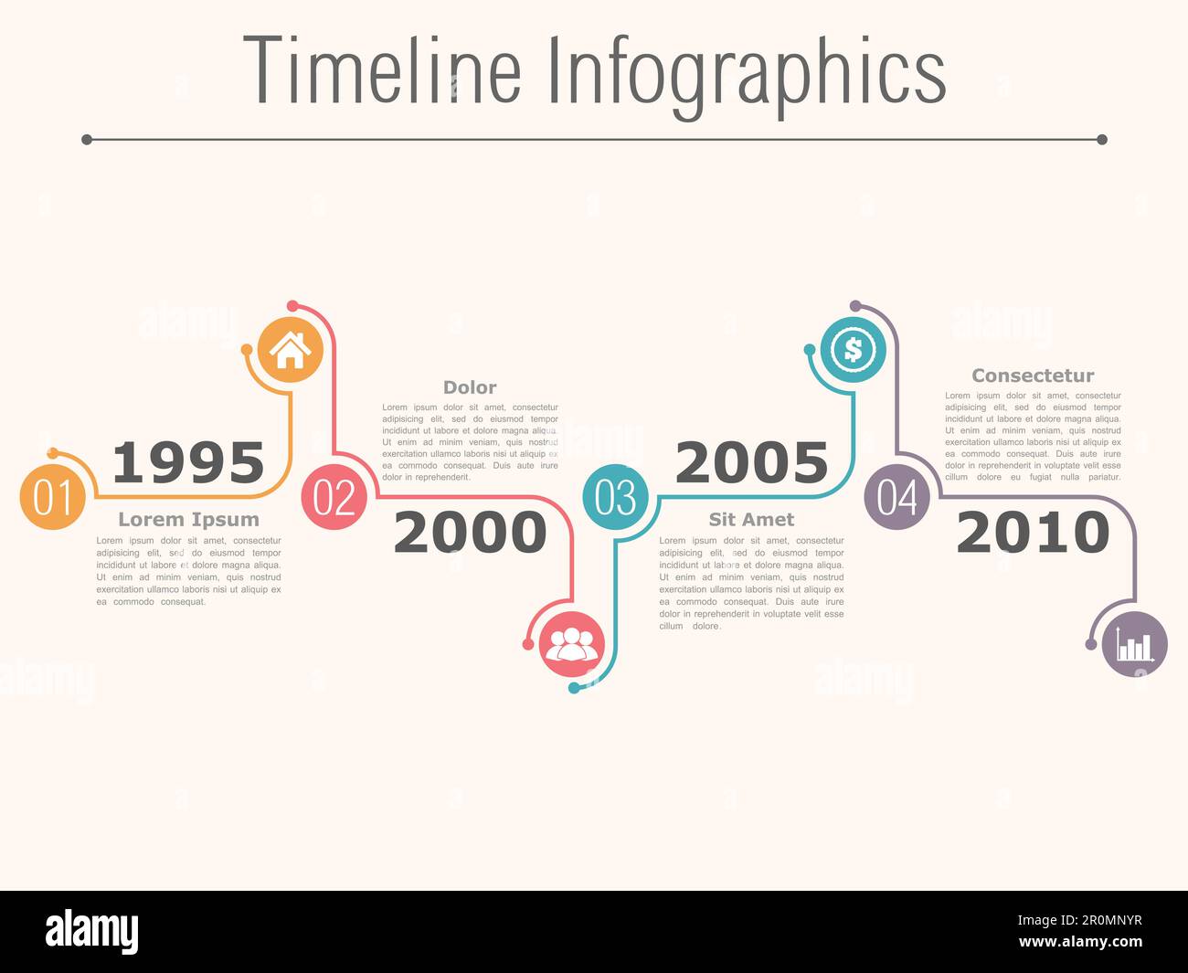 Timeline infographics design template with numbers, icons, dates and ...