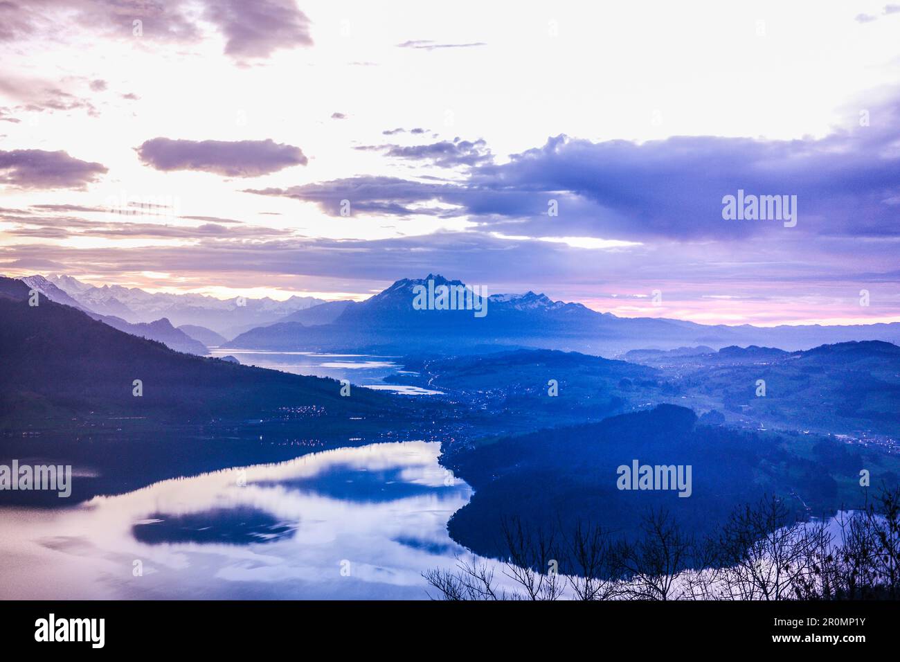 Morning on the Zugerberg with a view of Mount Pilatus, Lake Lucerne and ...