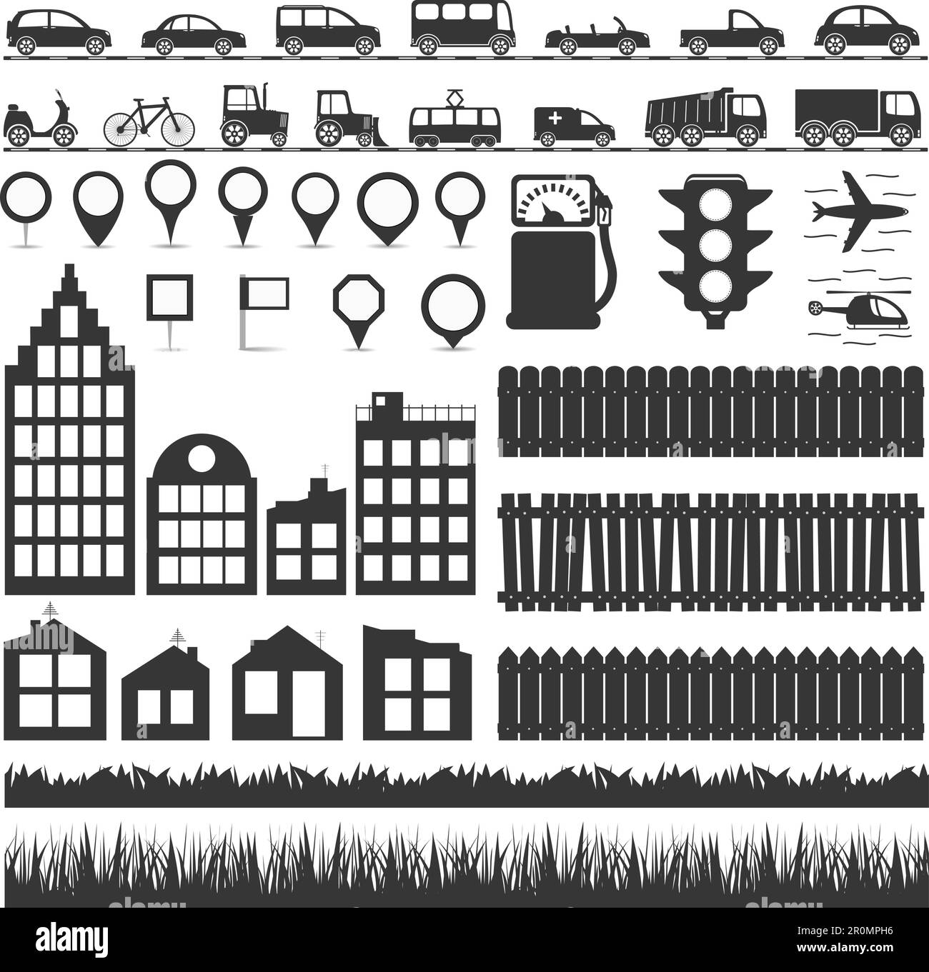 City elements collection - transport, map markers, houses and buildings ...