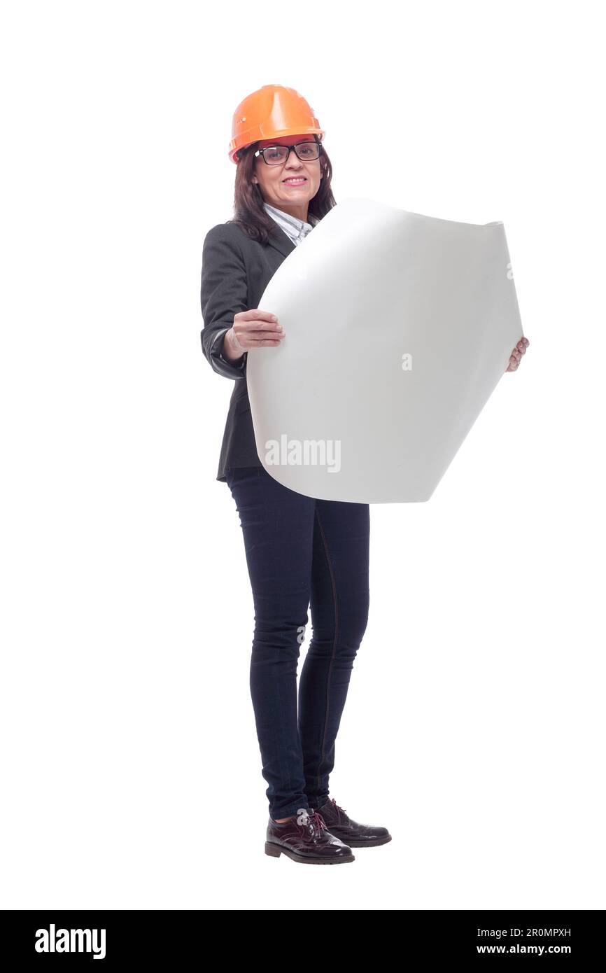 Woman holding engineering blueprint isolated on white Stock Photo - Alamy