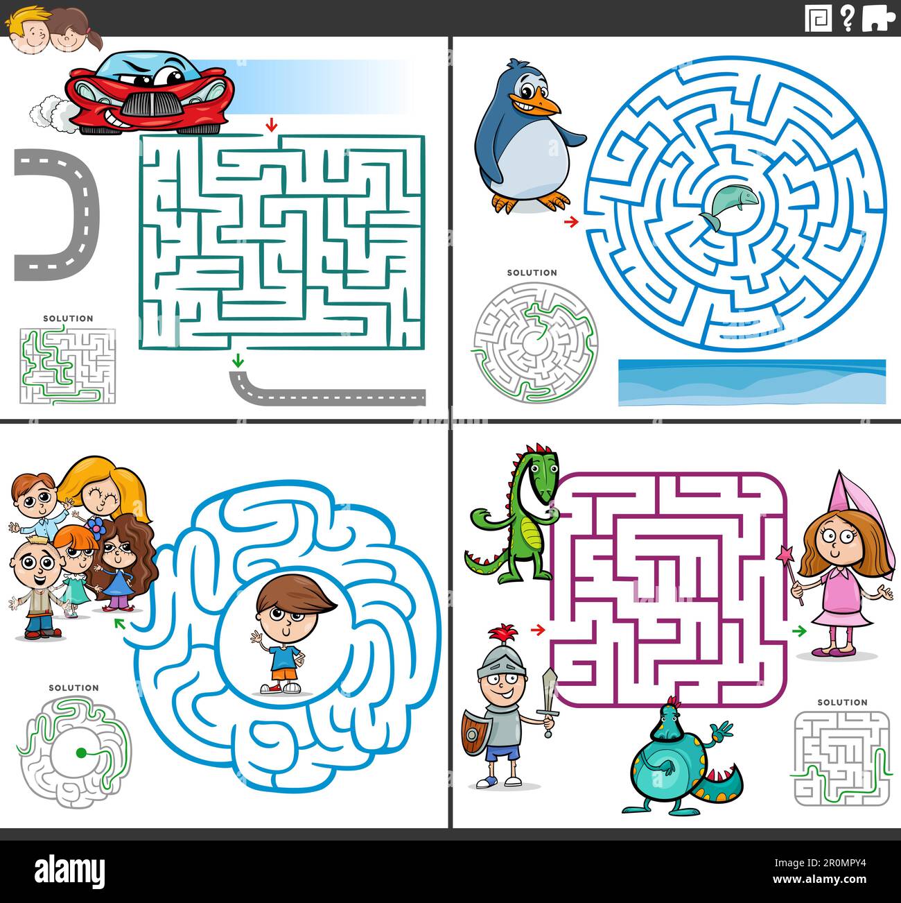 Cartoon illustration of educational maze puzzle games set with funny ...