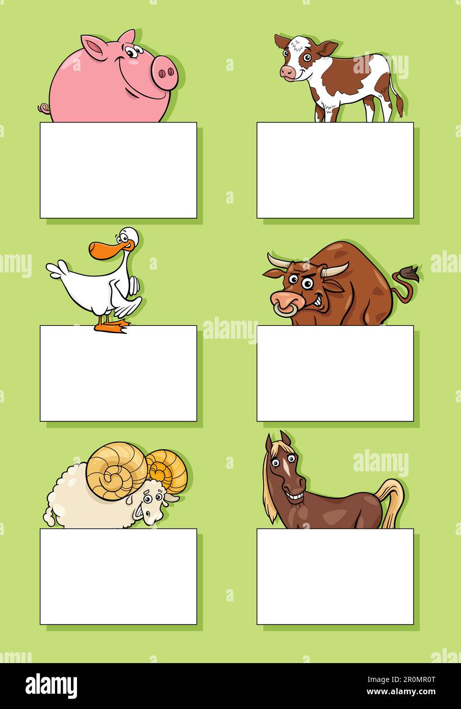Cartoon illustration of funny farm animals with blank cards or banners ...