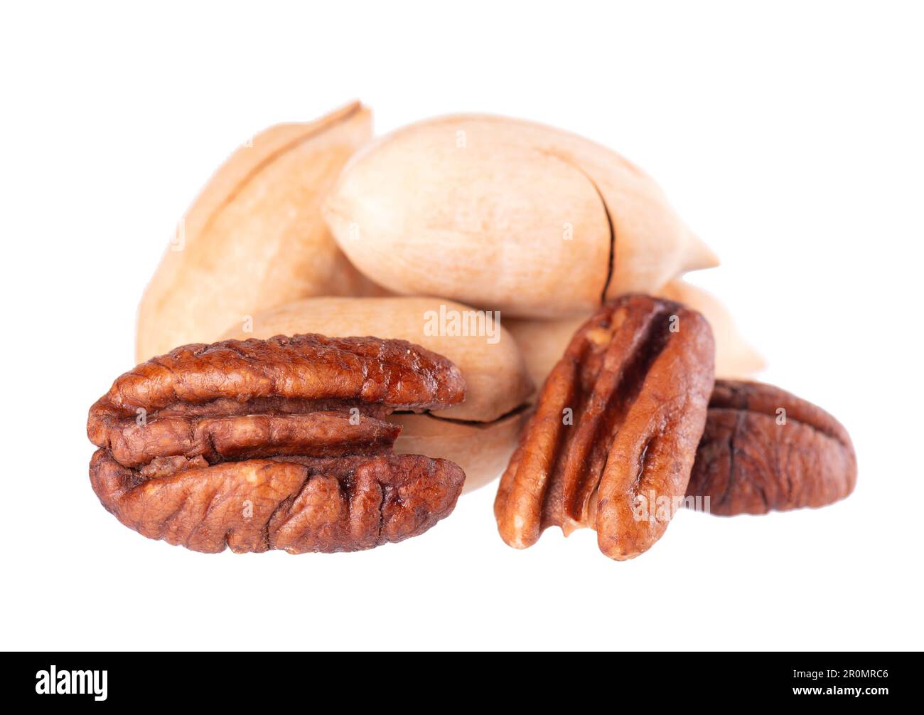 Pecan nuts isolated on white background. Shelled and unshelled pecan ...